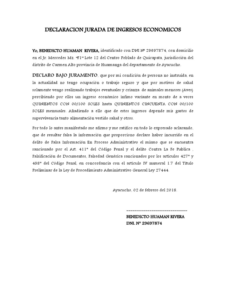 Declaracion Jurada de Ingresos Economicos | PDF