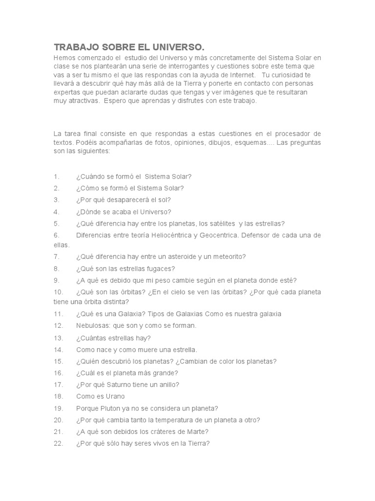 Trabajo Sobre El Universo | PDF | Libros para adolescentes