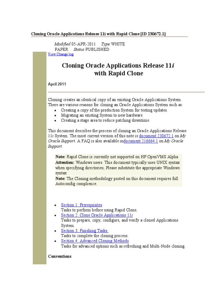 Cloning Oracle Applications Release 11i With Rapid Clone: Modified 05-APR-2011 Type WHITE | PDF ...