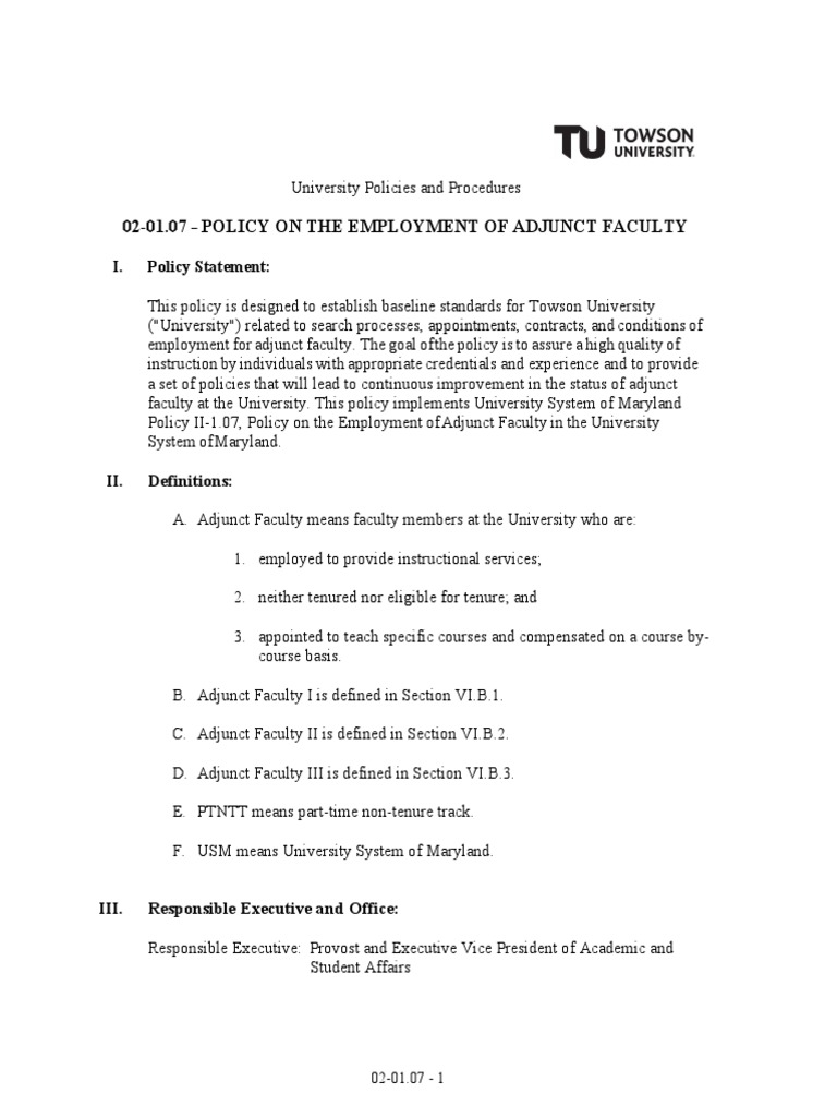 02 01 07 Employment of Adjunct Faculty | PDF | Professors In The United ...