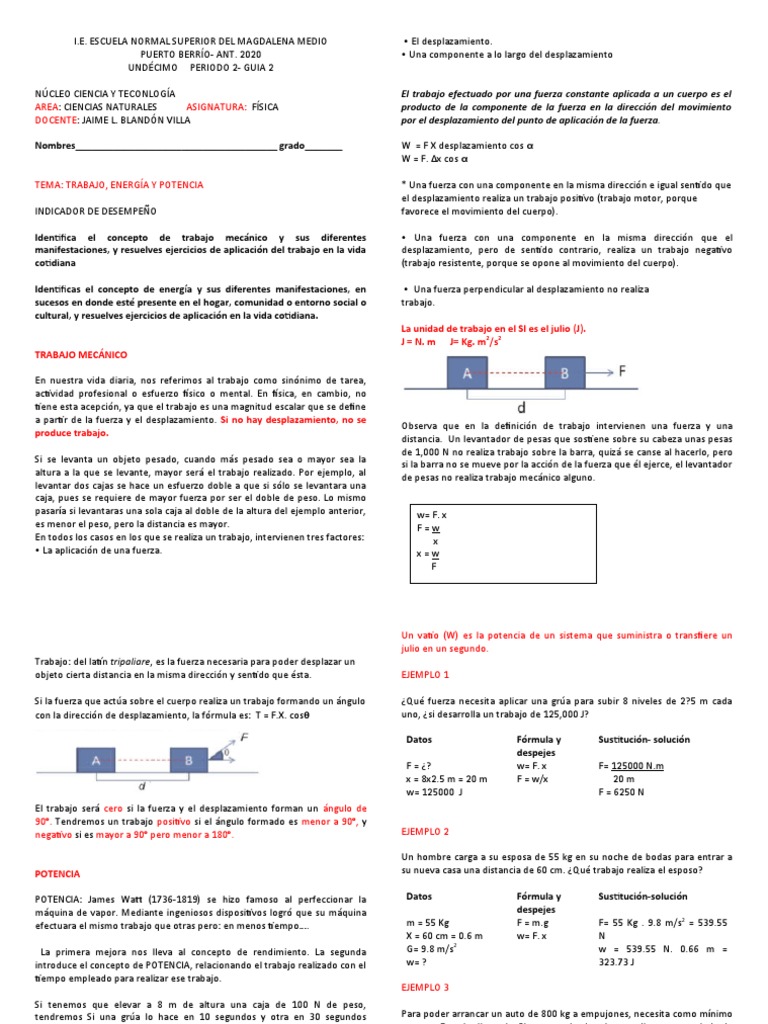 Guia 2 - Trabajo y Energía | PDF | Energía potencial | Energía cinética