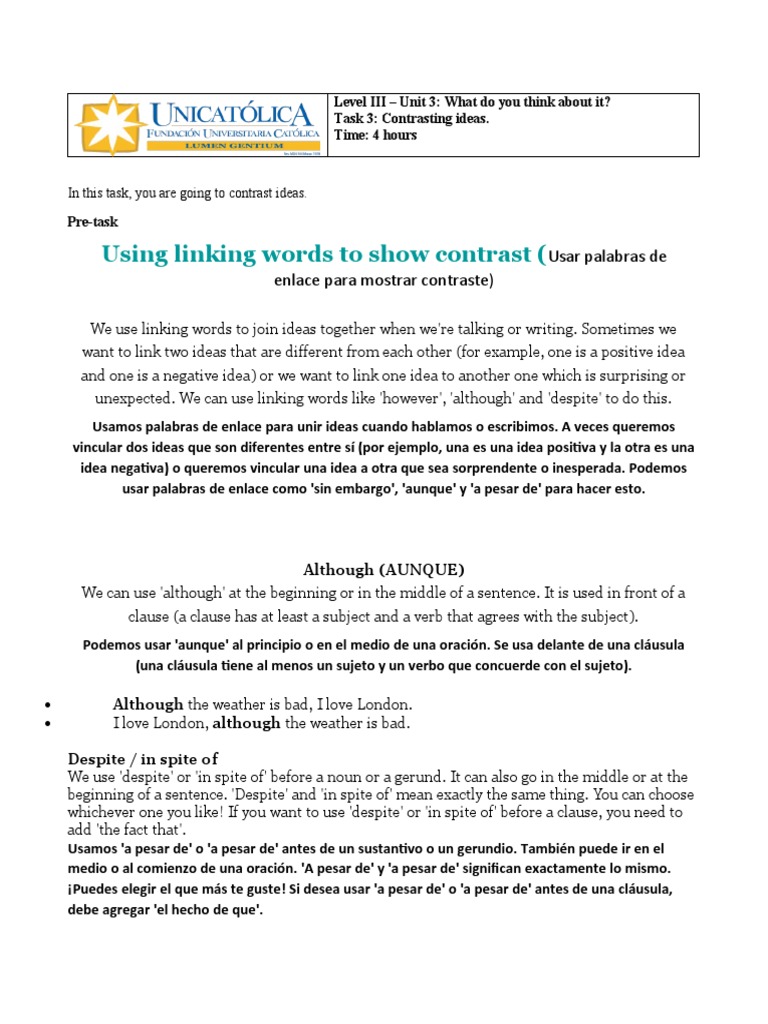 Using Linking Words To Show Contrast (: Usar Palabras de Enlace para ...