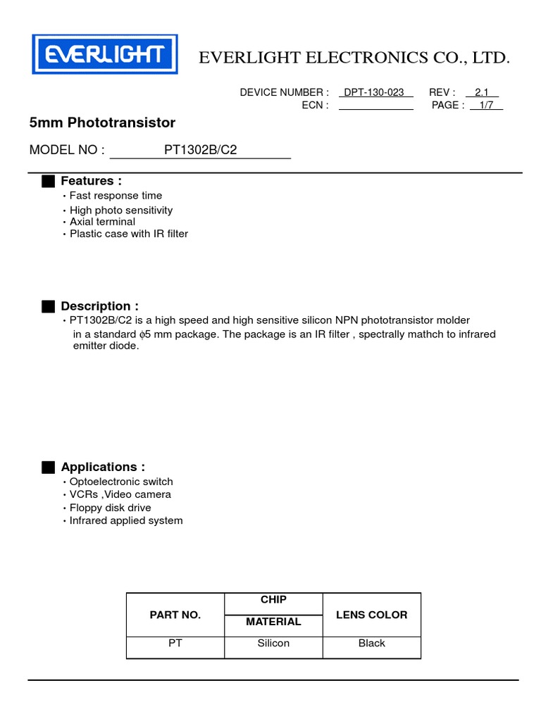 Everlight Electronics Co., LTD.: 5mm Phototransistor | PDF | Infrared | Power Supply