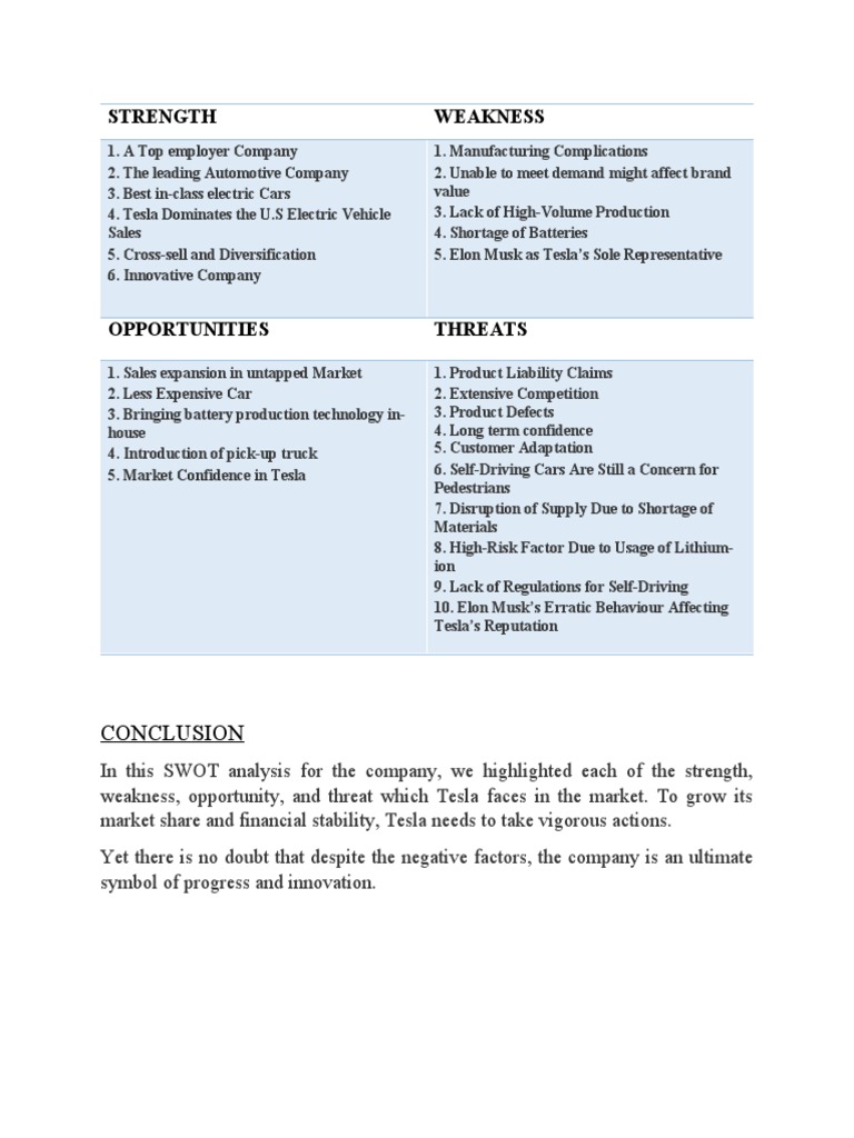 Swot Analysis of Tesla | PDF