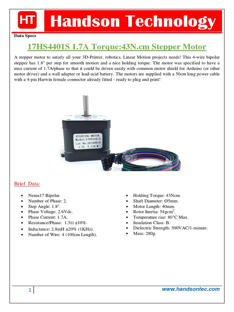 Handson Technology: 17HS4401S 1.7A Torque:43N.cm Stepper Motor | PDF