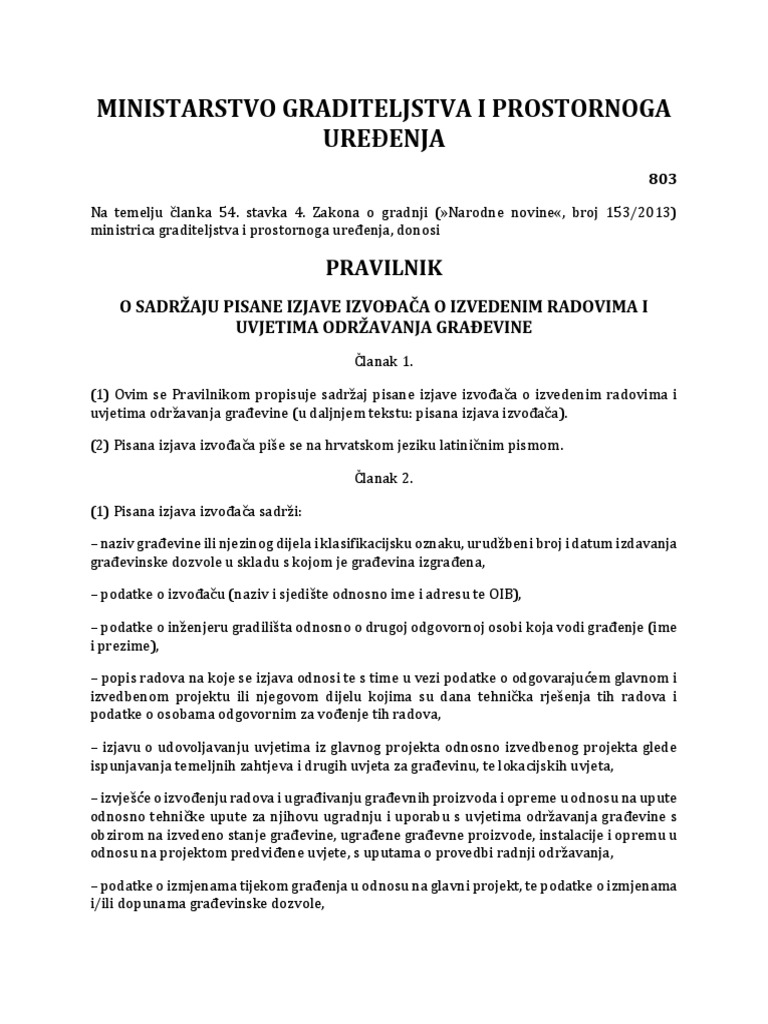 Pravilnik o Sadržaju Pisane Izjave Izvođača o Izvedenim Radovima I ...