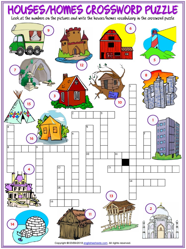 Types of Houses Homes Vocabulary Esl Crossword Puzzle Worksheet For ...