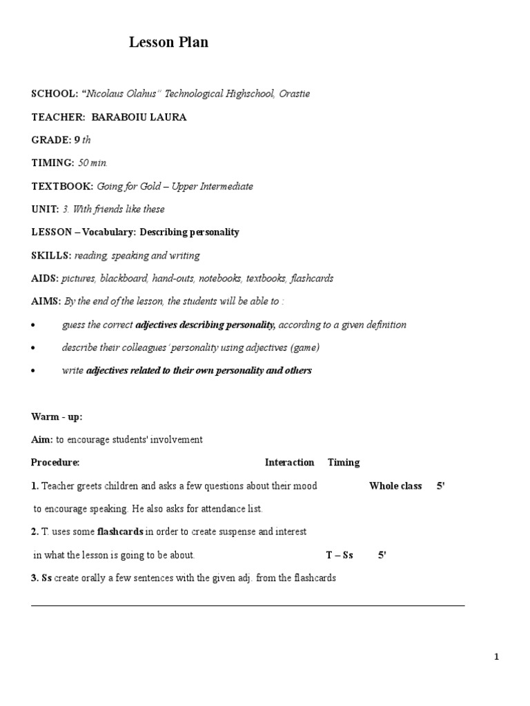 Describing Personality Lesson Plan | PDF | Communication | Cognition