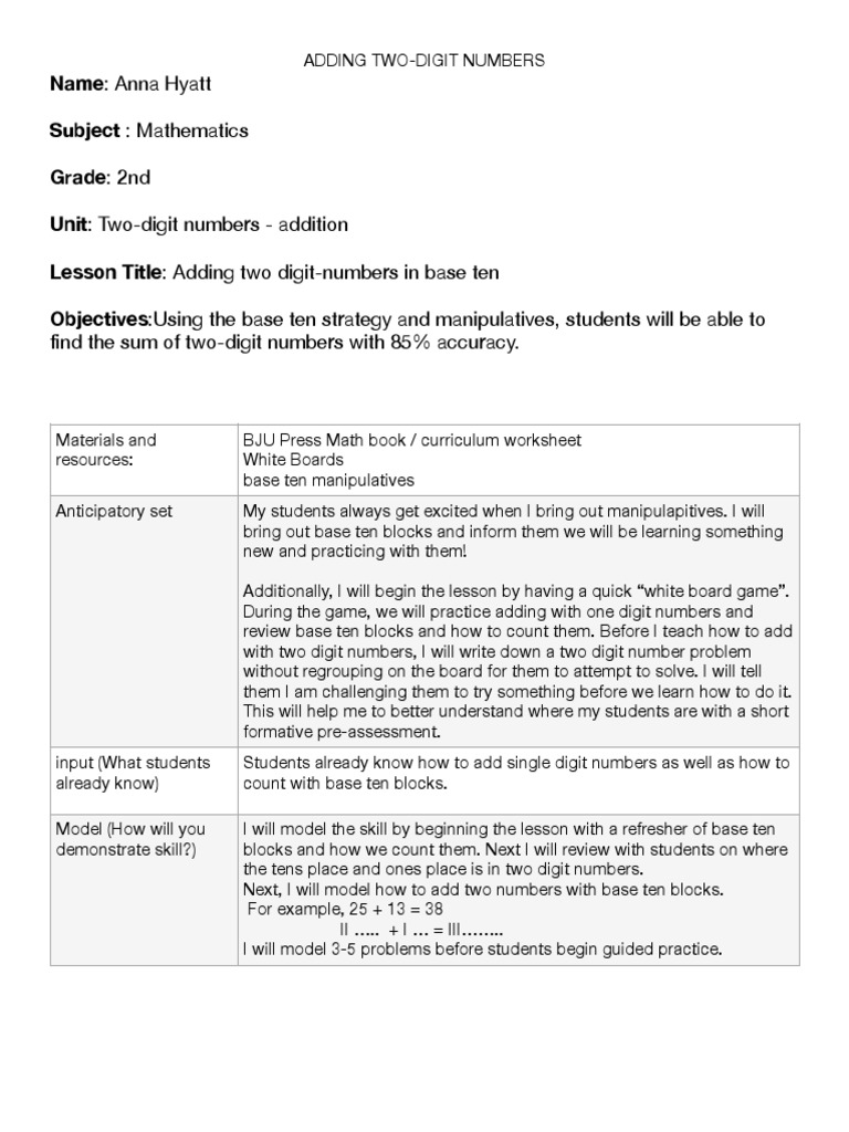 Adding Two-Digit Numbers Lesson Plan | PDF | Teaching | Behavior Modification