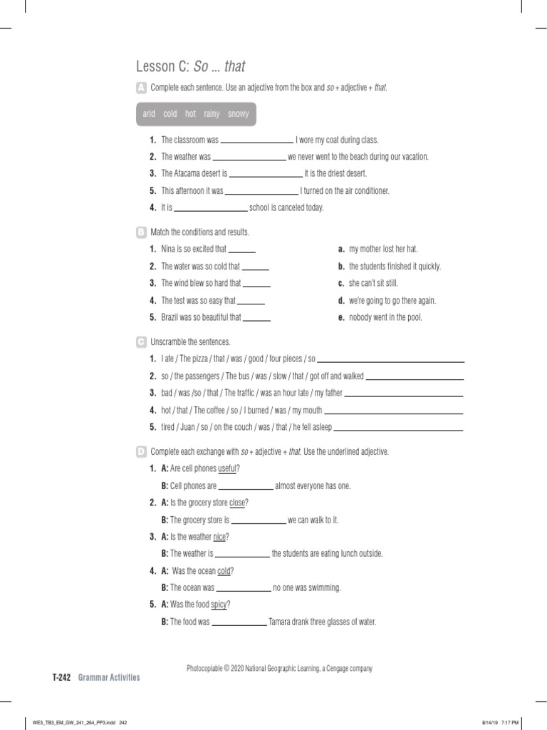 World English 3e Level 3 Grammar Activities Unit 1 Lesson C PDF | PDF | Foods | Weather