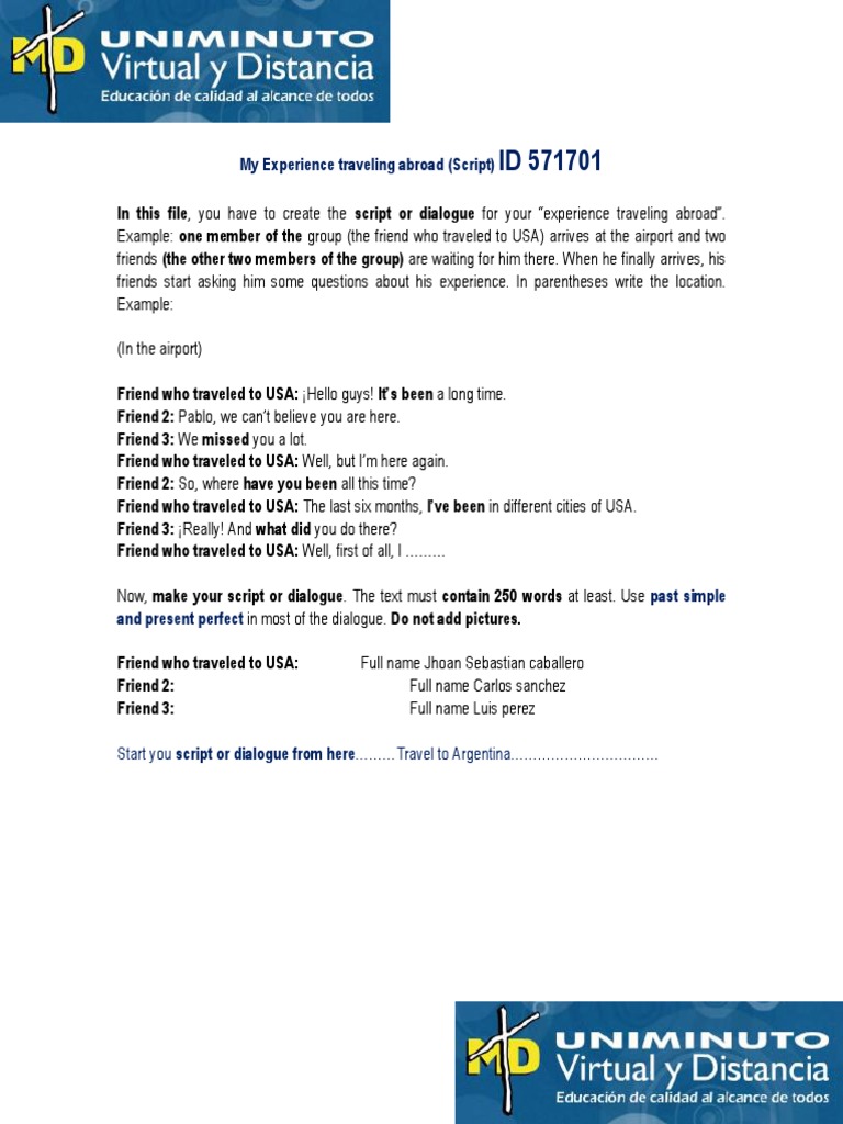 My Experience Traveling Abroad (Script) : Start You Script or Dialogue ...