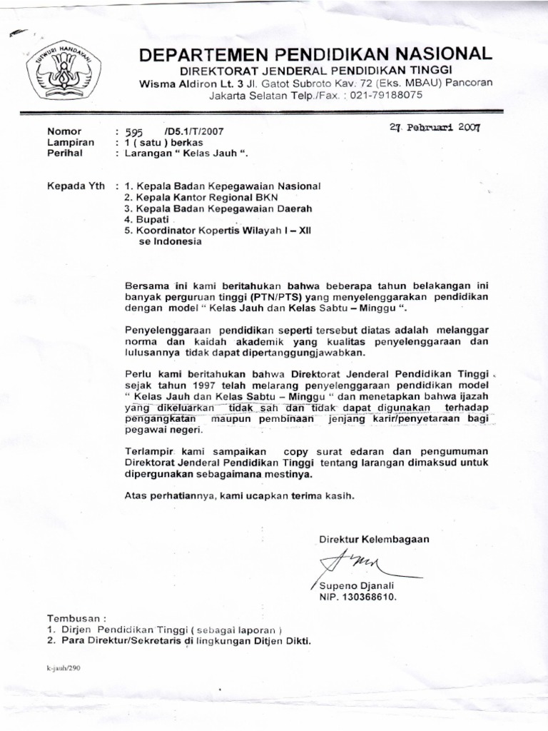 Surat - Dirjen - Dikti - 2007 - 00595 - Larangan Kelas Jauh PDF | PDF