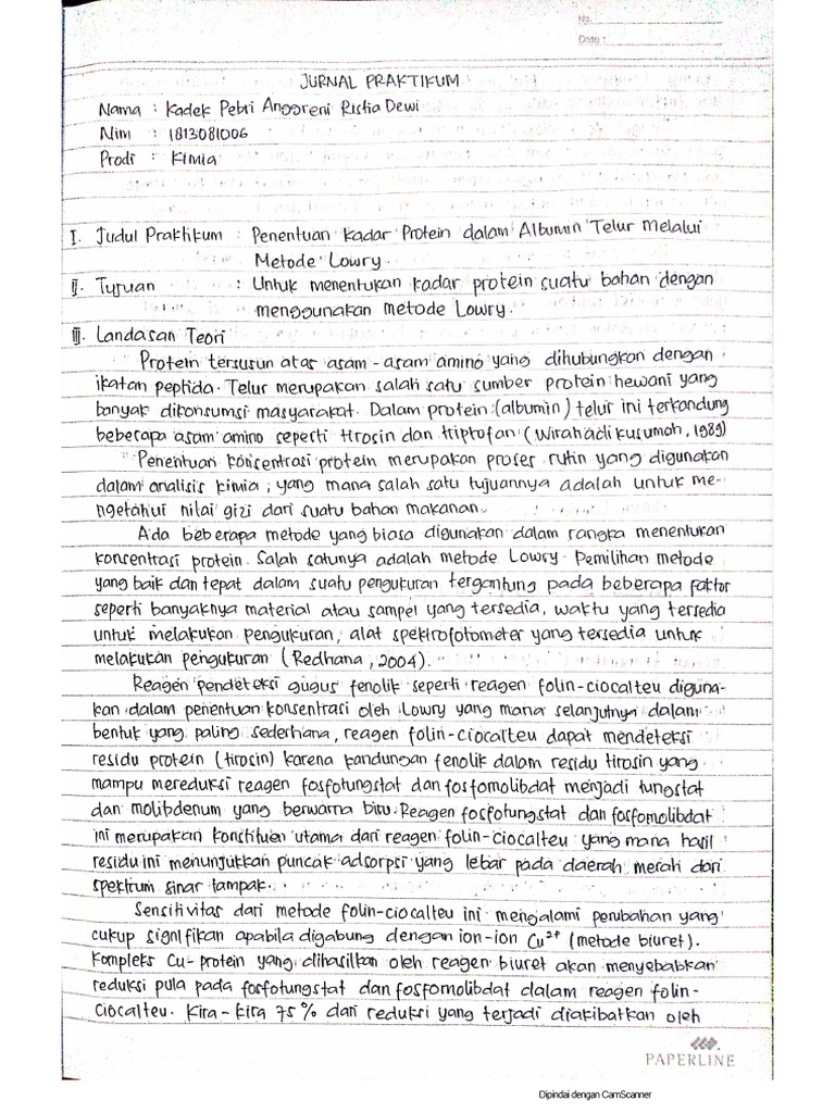 Jurnal Praktikum Penentuan Kadar Protein Dalam Albumin Telur Melalui ...