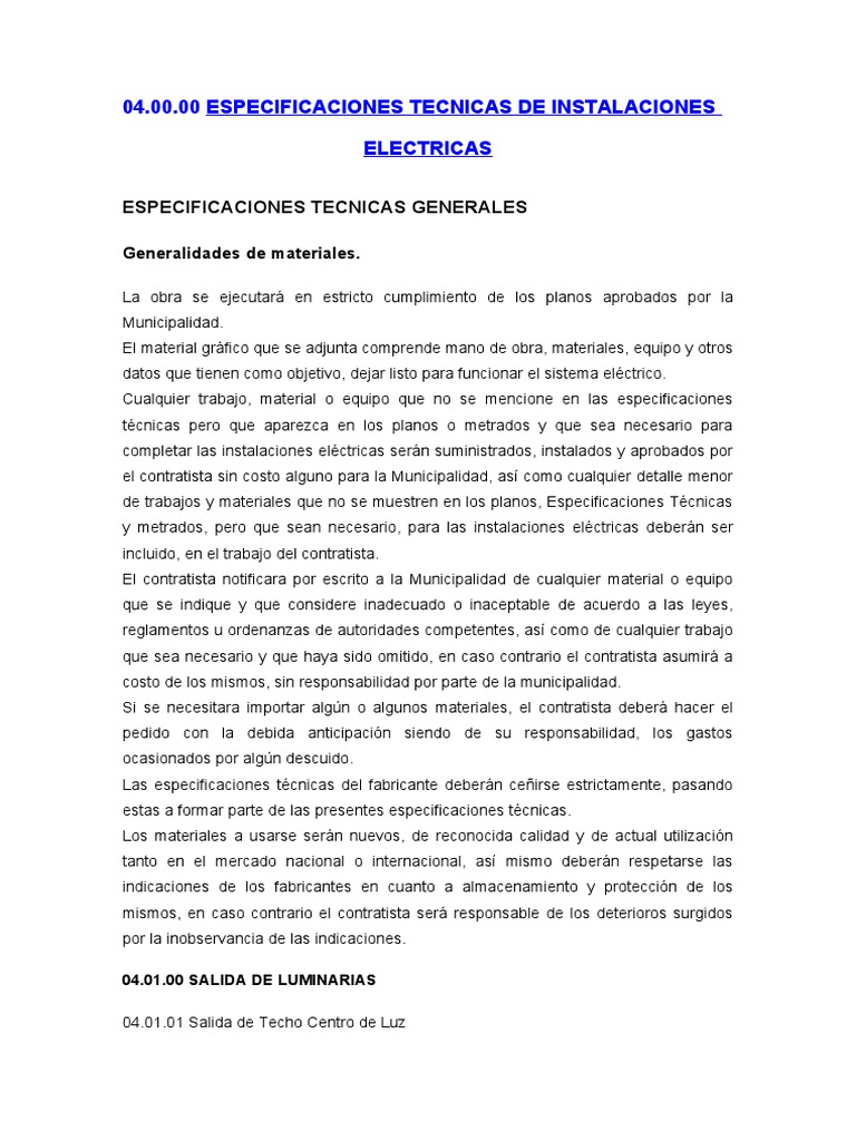 Especificaciones Tecnicas de Instalaciones Electricas | PDF | Tubería (transporte de fluidos ...