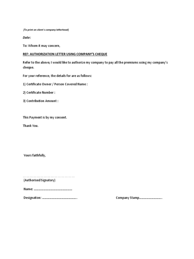 Authorization Letter Using Company's Cheque | PDF
