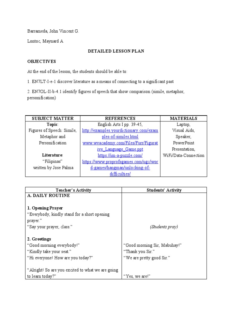 Detailed Lesson Plan Objectives: Ples-Of-Similes - HTML Ive - Language ...