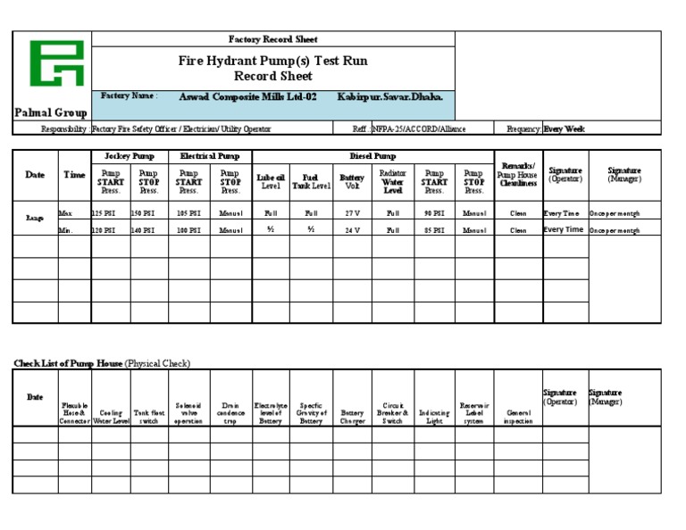 Weekly Fire Pump Test Record | PDF | Pump | Energy Technology