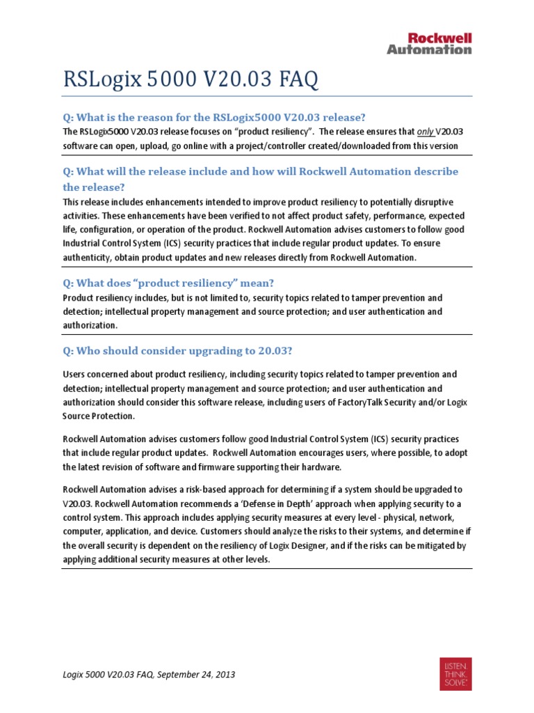 RSLogix 5000 V20.03 FAQ - Rev - 2 | PDF | Online And Offline | Security