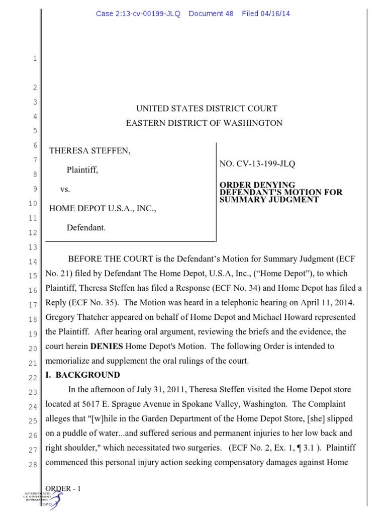 Order Denying Defendant'S Motion For Summary Judgment | PDF | Summary Judgment | Legal Procedure