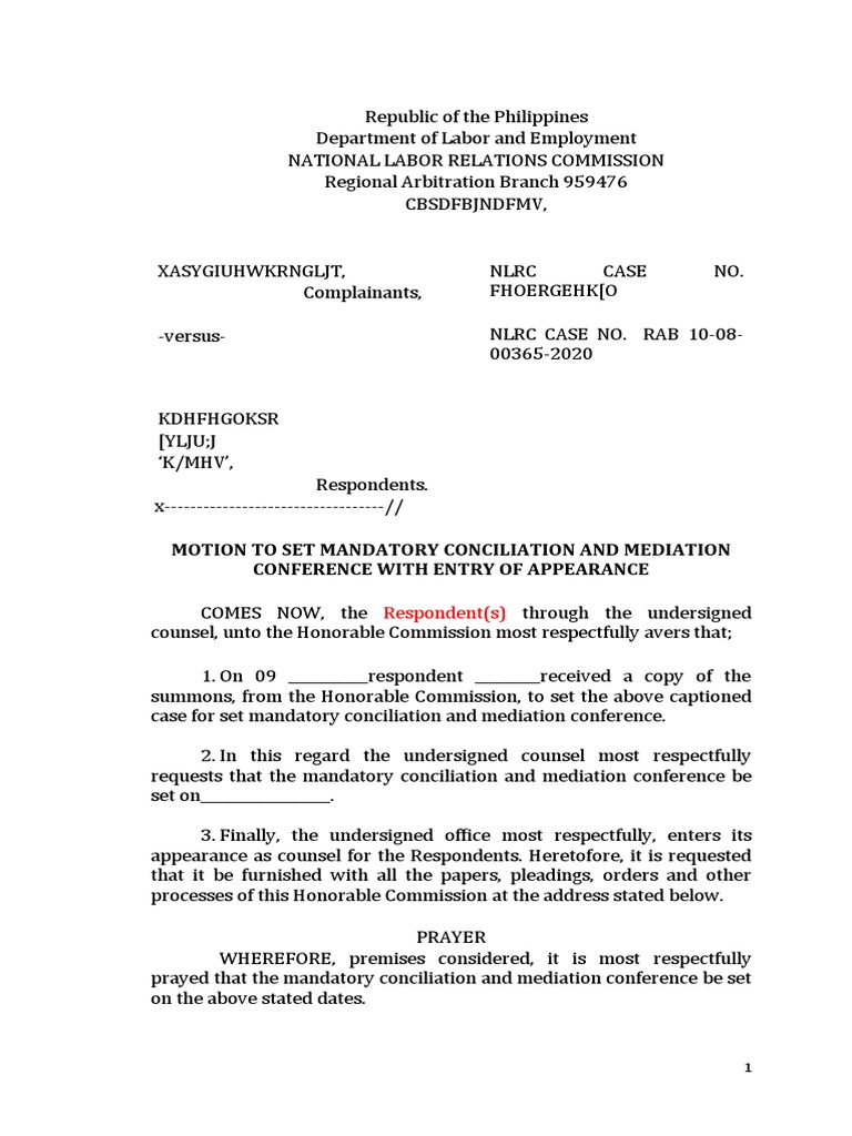 Motion To Set Mandatory Conciliation and Mediation Conference With ...