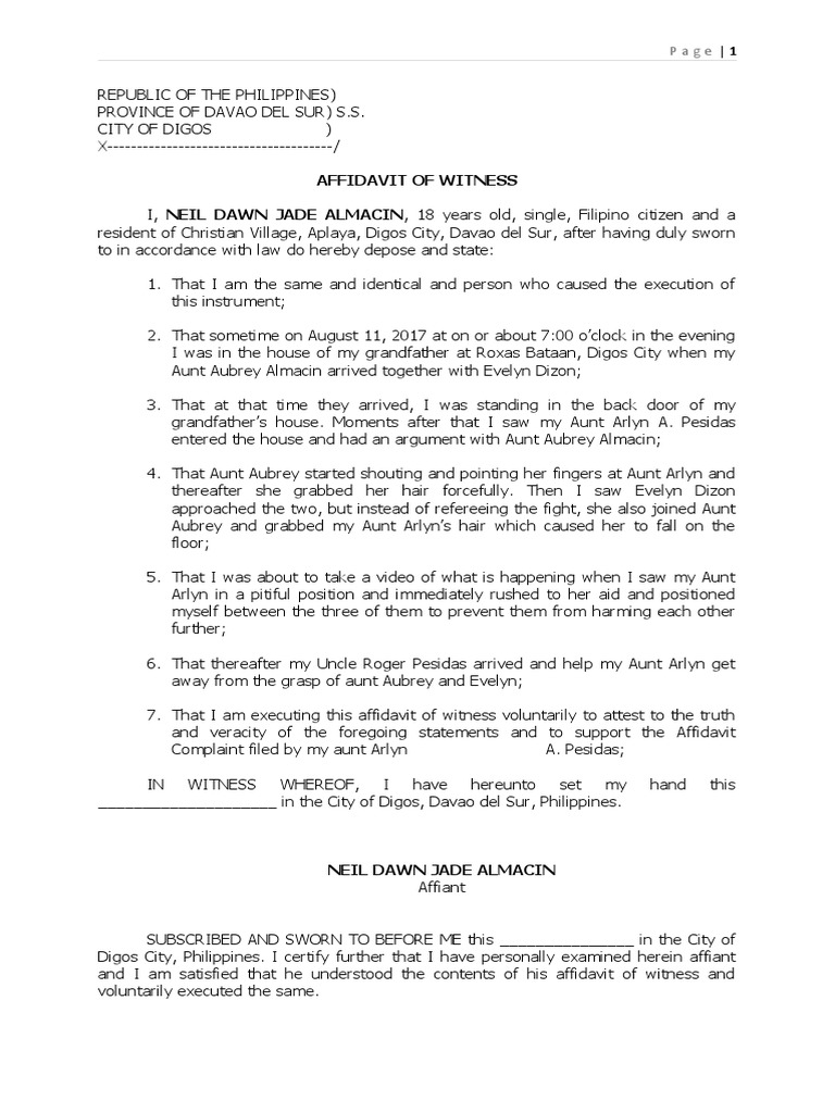 Affidavit of Witness Neil Dawn Jade Almacin | PDF | Affidavit | Legal Procedure