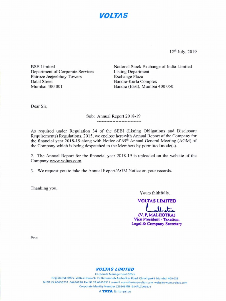 Voltas Annual Report & AGM Notice 2018-19 | PDF | Companies | Corporations