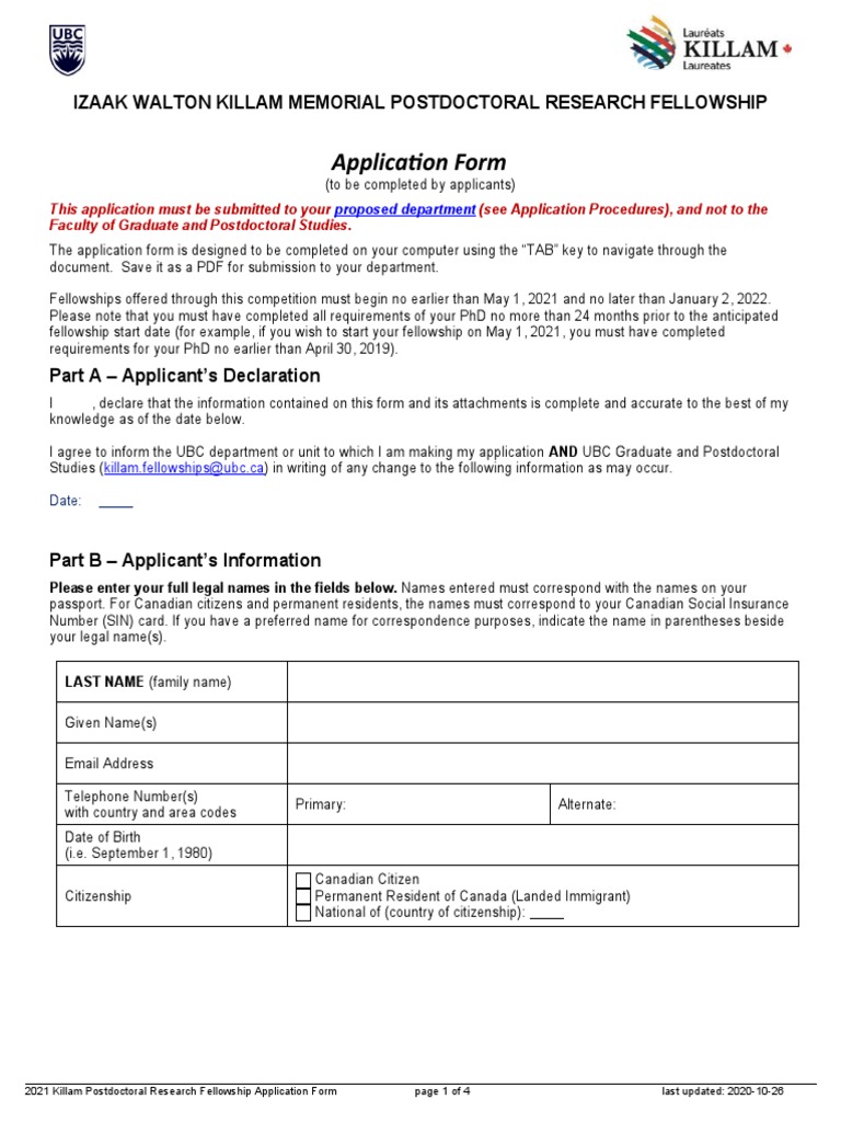 Application Form: Izaak Walton Killam Memorial Postdoctoral Research ...