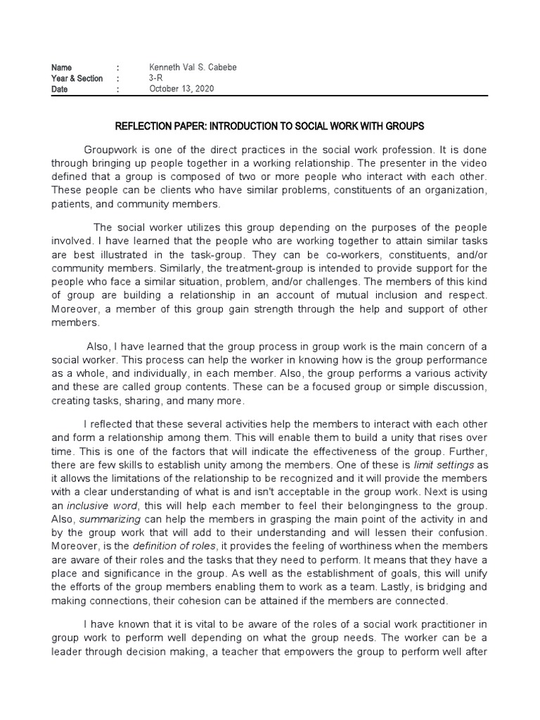 Reflection Paper Introduction To Social Work With Groups | PDF | Social ...