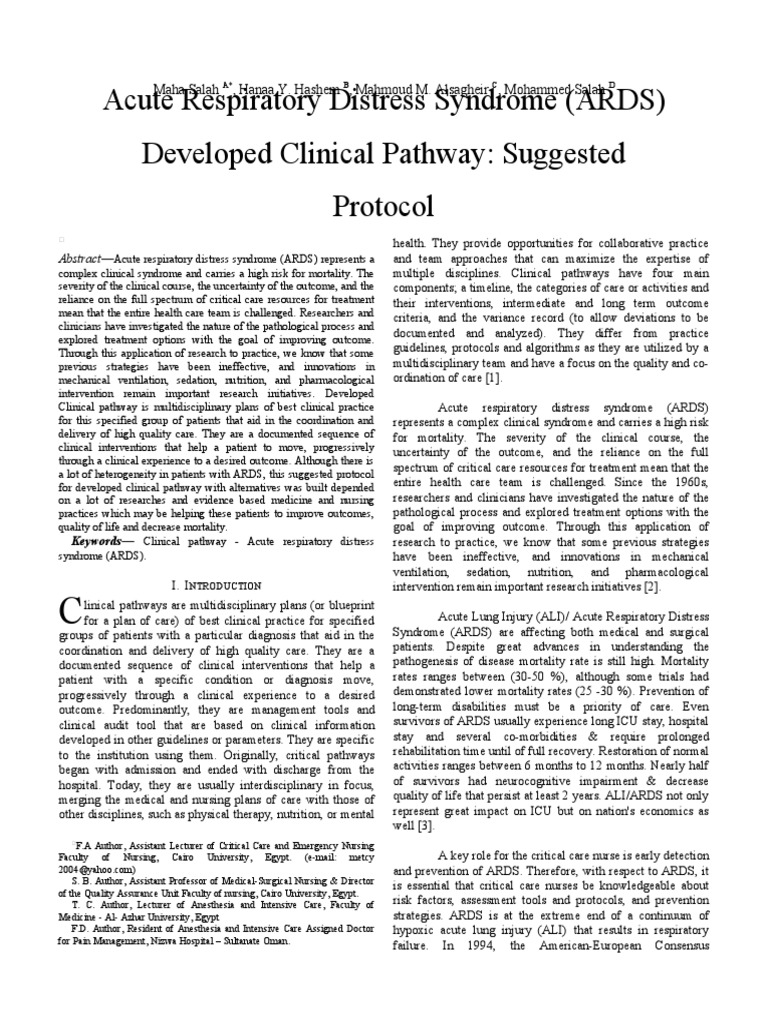 Acute Respiratory Distress Syndrome (ARDS) Developed Clinical Pathway ...