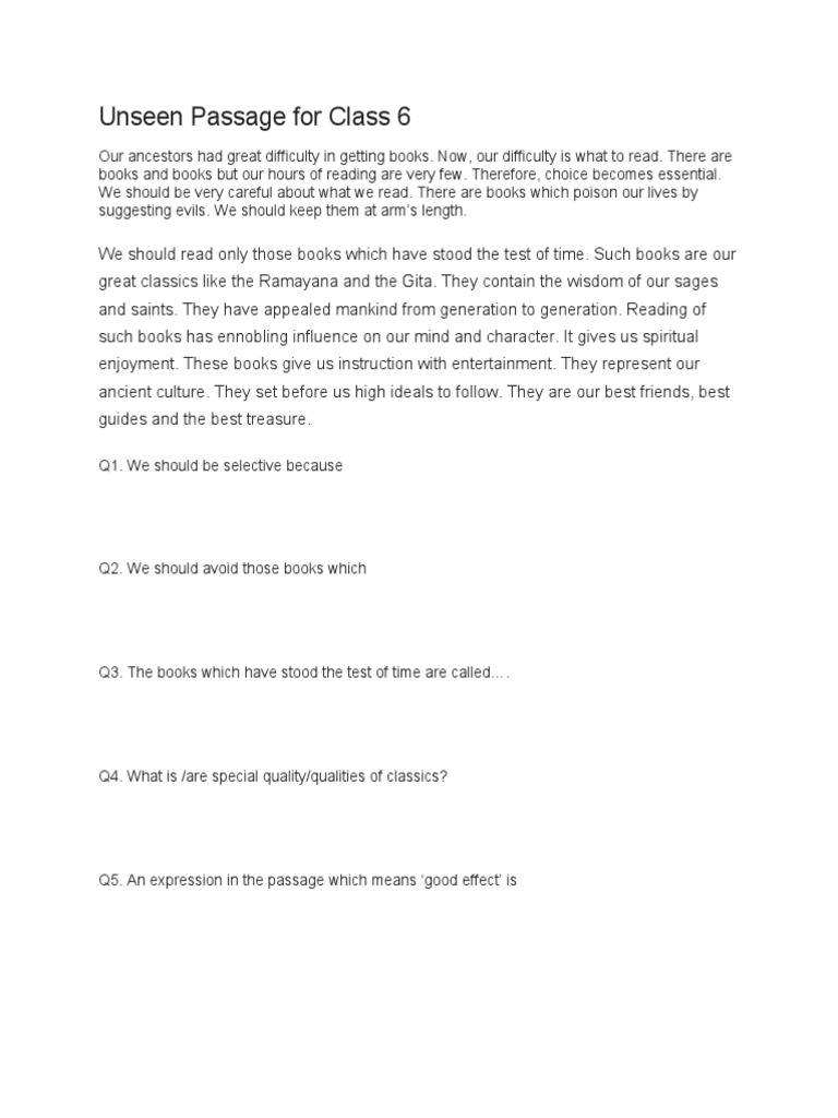 Unseen Passage For Class 6 | PDF