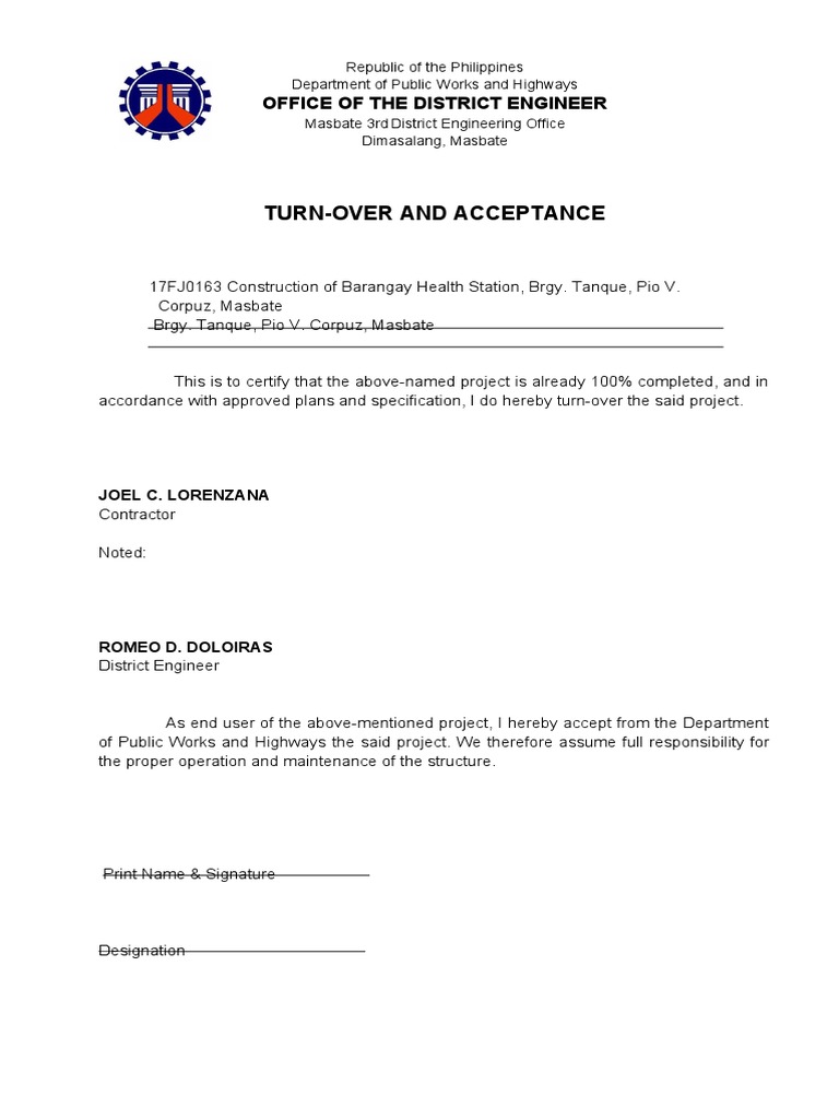Turn-Over and Acceptance: Office of The District Engineer | PDF ...