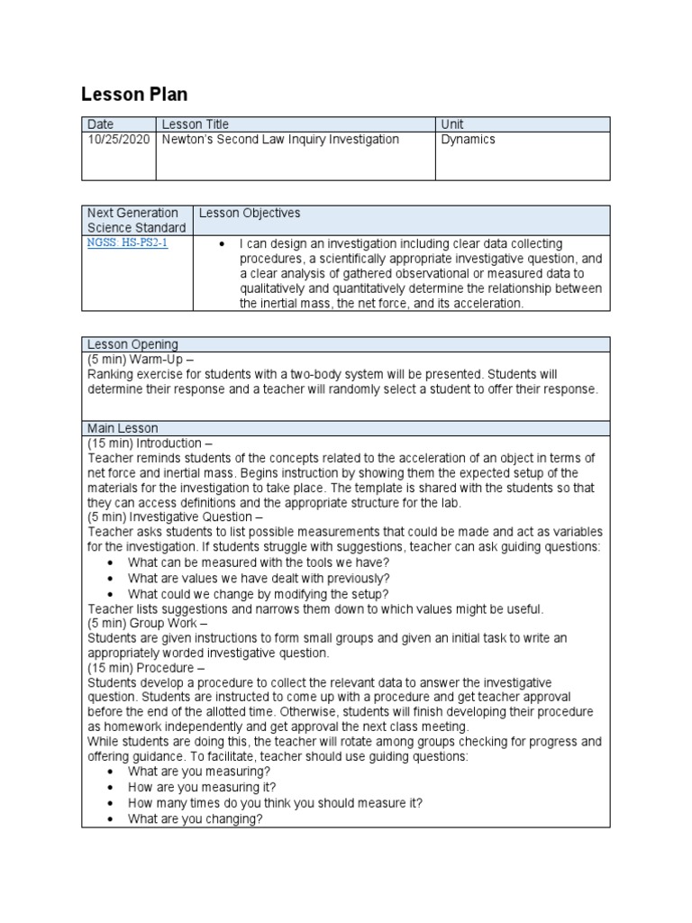 Lesson Plan: NGSS: HS-PS2-1 | Download Free PDF | Lesson Plan | Mass