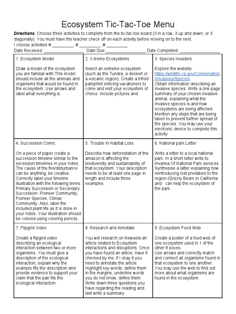 Ecosystems Tic-Tac-Toe | PDF | Invasive Species | Food Web