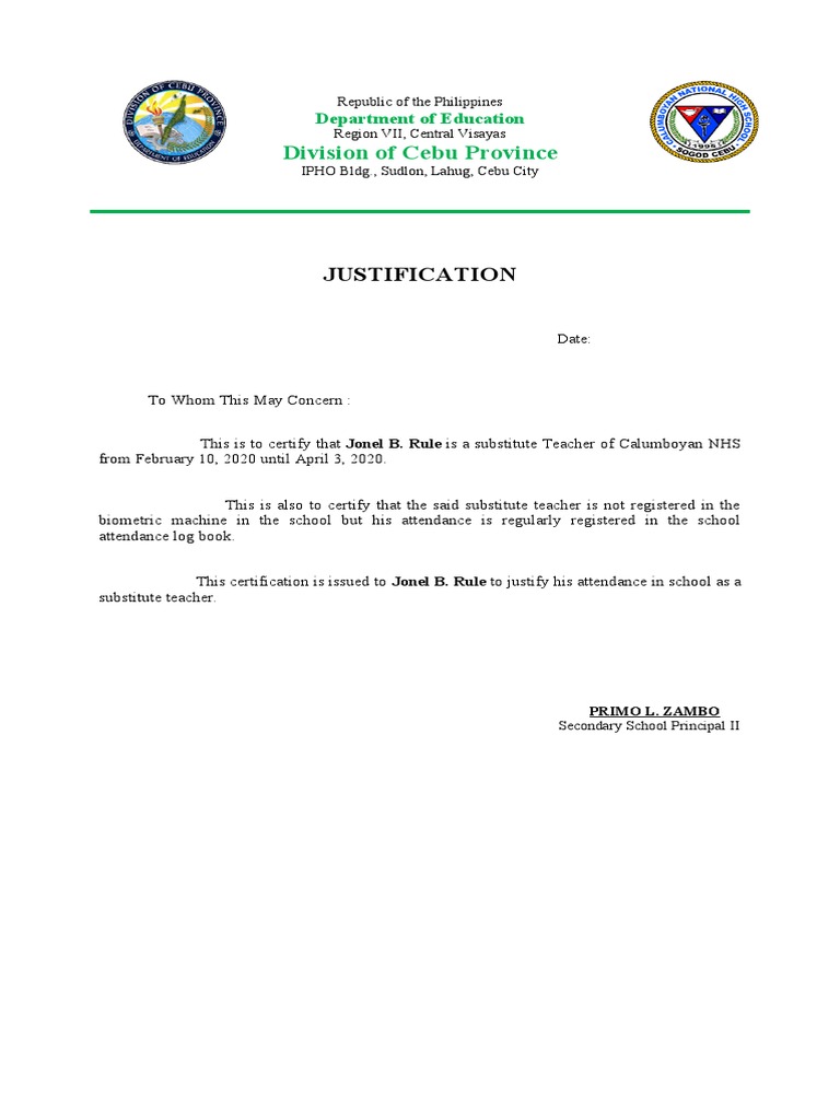 Justification Certificate for Attendance | PDF