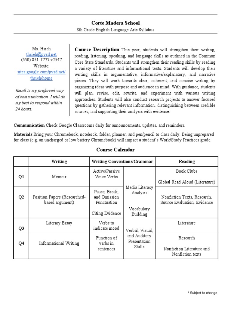 8th Grade ELA Syllabus | PDF | Reading Comprehension | Communication