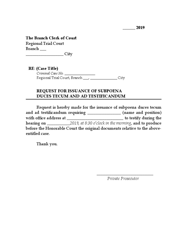 Request For Issuance of Subpoena Duces Tecum and Ad Testificandum | PDF