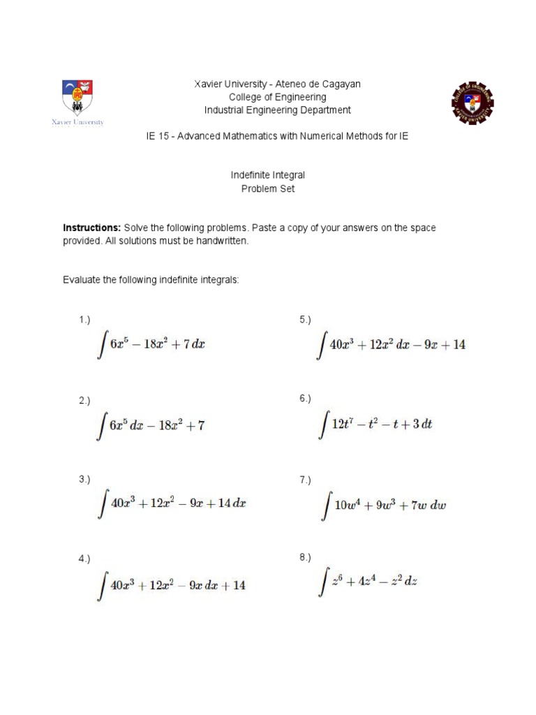 Indefinite Integral Problem Set | PDF | Teaching Methods & Materials