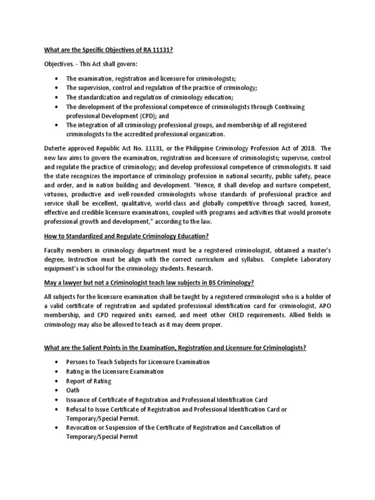 Ecot Ronel D - RA 11131 Criminology Profession Act of 2018 | PDF ...