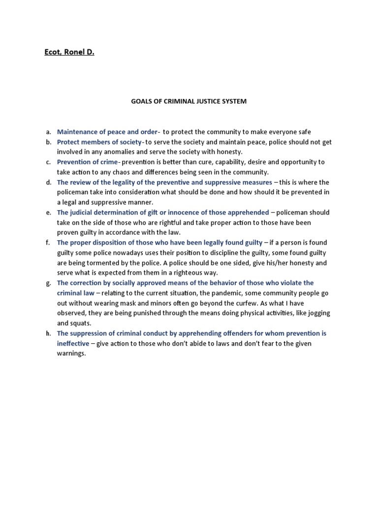 Ecot Ronel D - Goals of Criminal Justice System | PDF