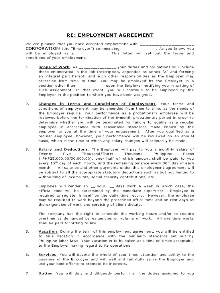 Employment Agreement Terms and Conditions | PDF | Career & Growth ...