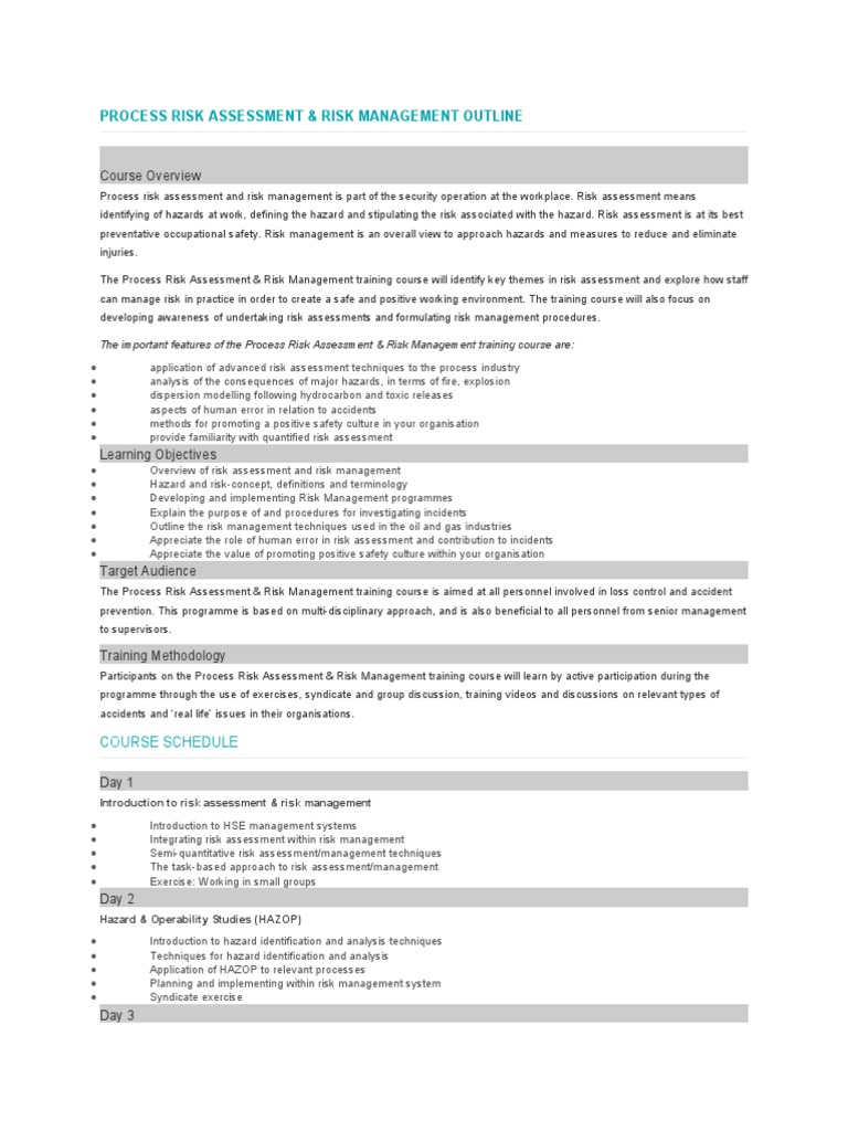 Process Risk Assessment & Risk Management Outline: Course Overview ...
