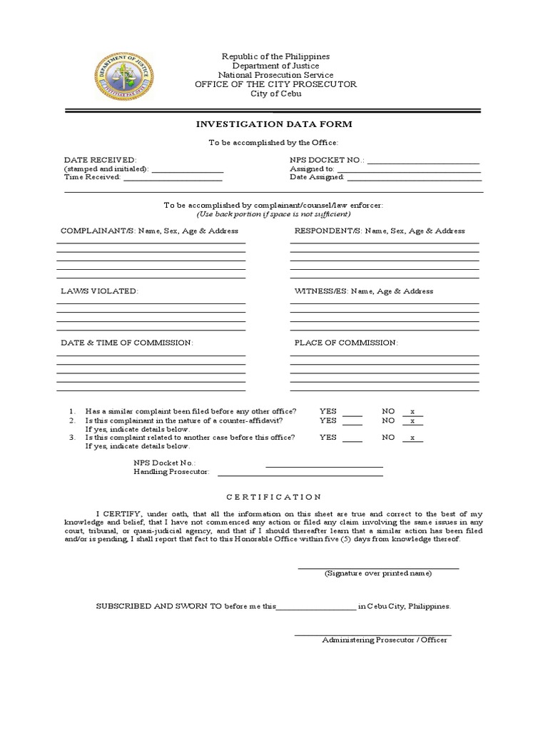 Cebu City Prosecutor Investigation Form | PDF | Prosecutor | Government ...