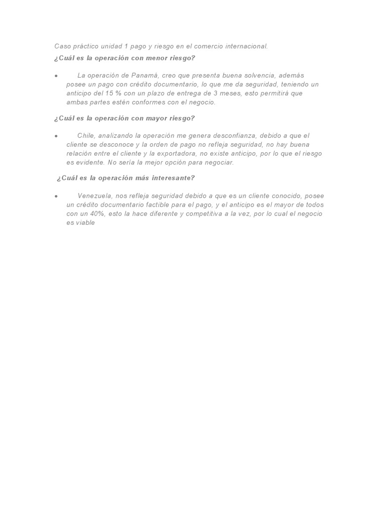 Caso Práctico Unidad 1 Pago y Riesgo en El Comercio Internacional | PDF