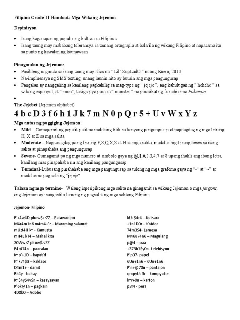 Jejemon Handout | PDF