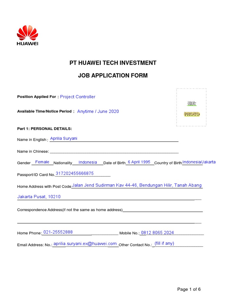 (Sample) Job Application Form Huawei | PDF | Human Resource Management ...