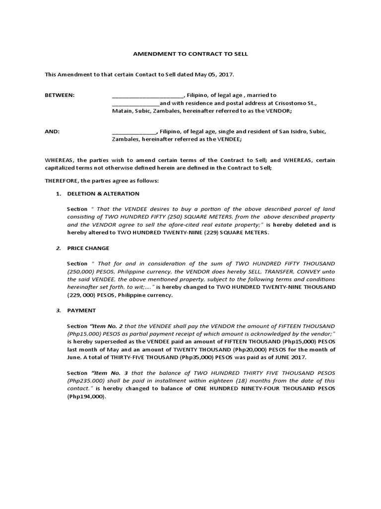 Amendment To Contract To Sell | PDF