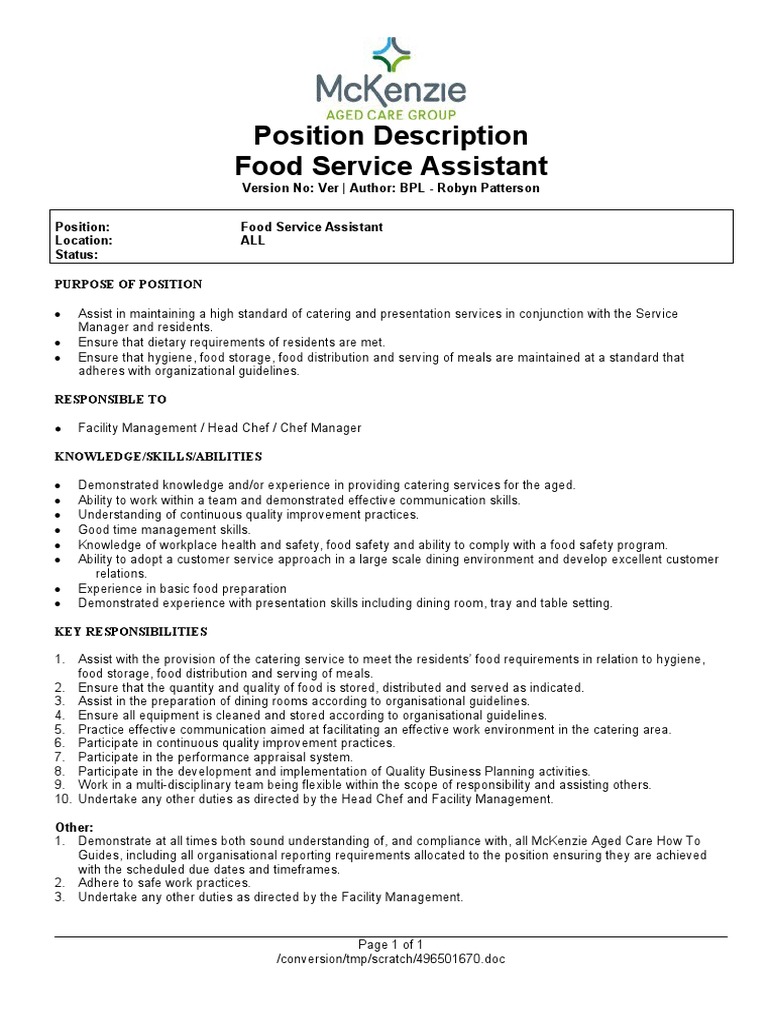 Position Description Food Service Assistant | PDF | Food Safety | Foods