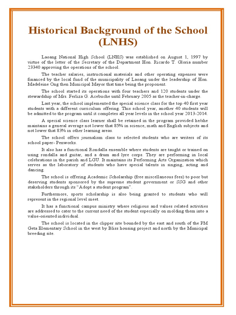 Historical Background of The School (LNHS) | PDF | Teachers | Curriculum