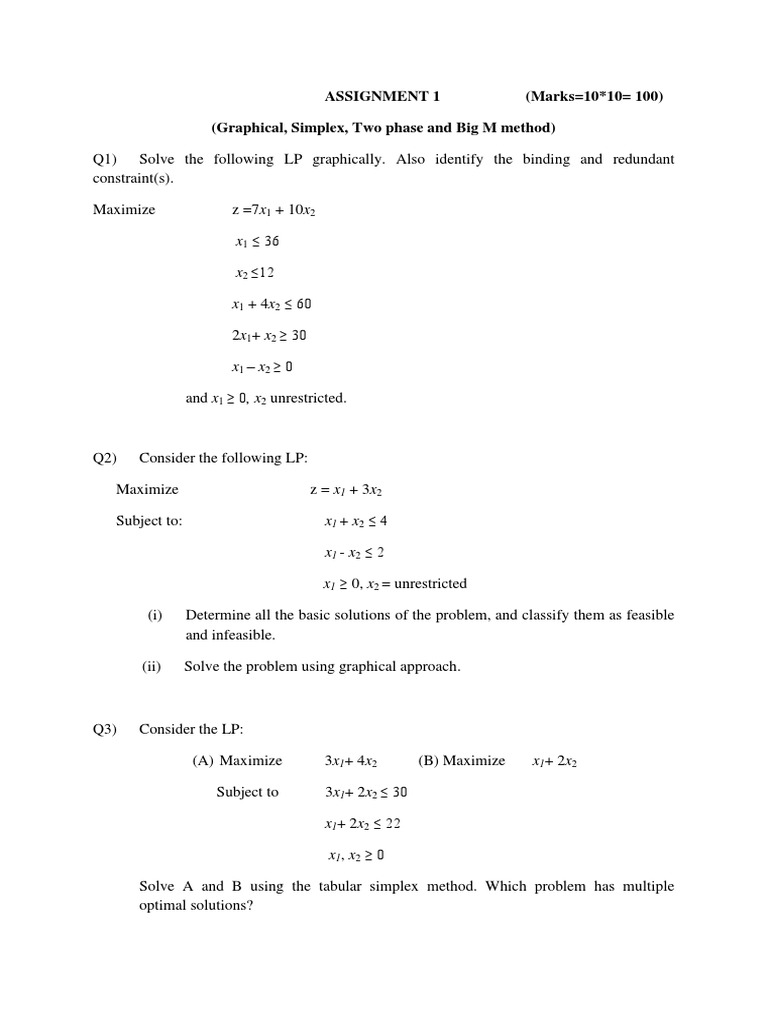 Assignment 1 (Marks 10 10 100) (Graphical, Simplex, Two Phase and Big M ...