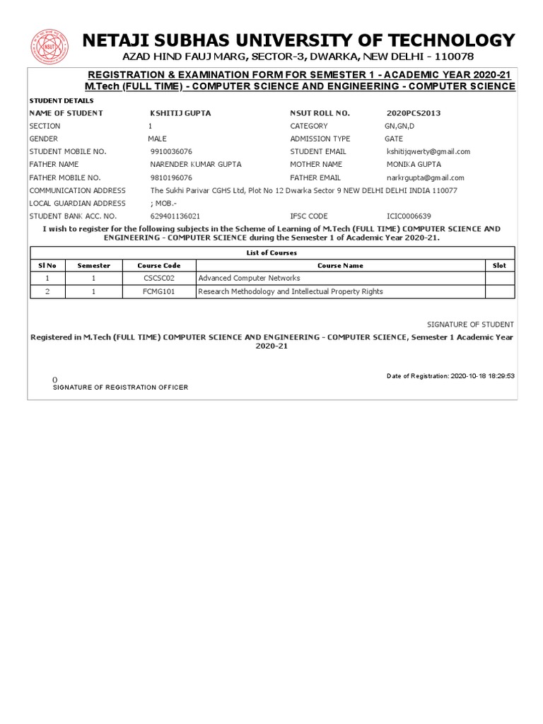 NSUT MTech Registration Form 2020-21 | PDF
